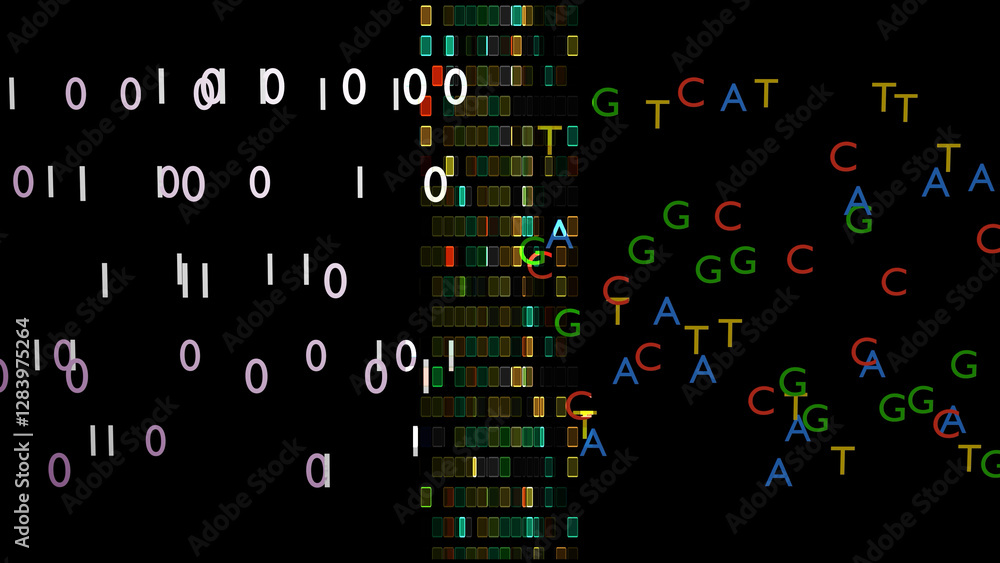 DNA digital data storage. ATCG four basic nucleotides in DNA. Encoding / decoding binary data to ...