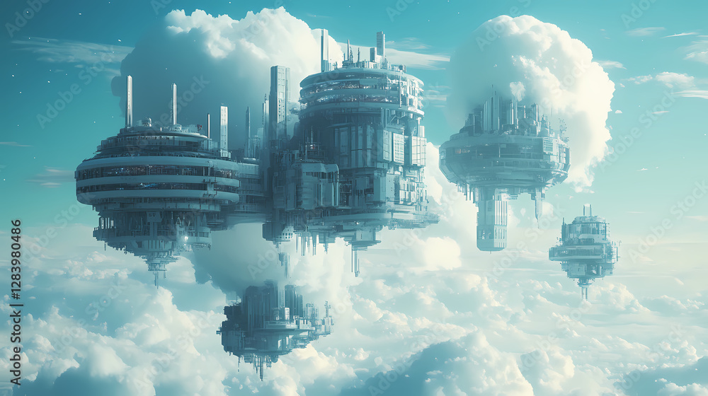 Futuristic urban cloudscape with modern architecture and industrial ...