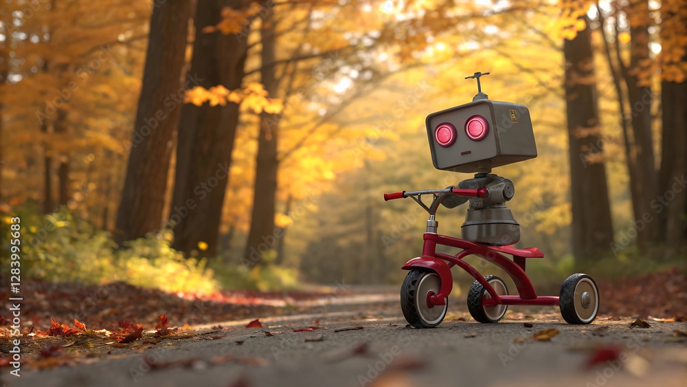 Happy humanoid robot rides a bicycle along, technology development in ...