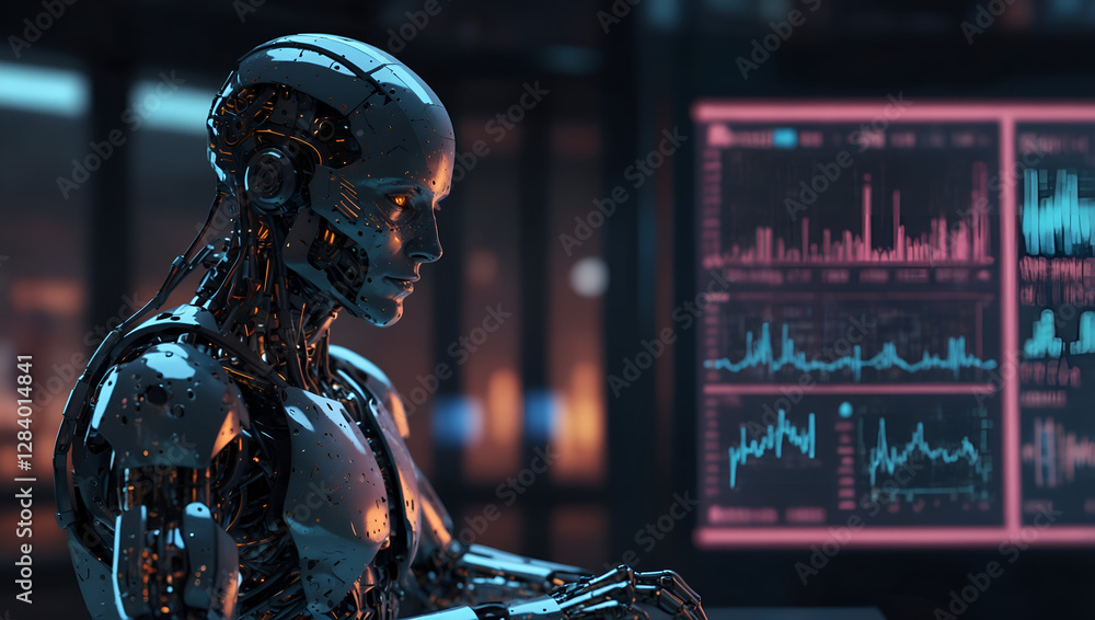 Futuristic AI Robot analyzing data on a holographic screen, cyber punk aesthetic, highly ...