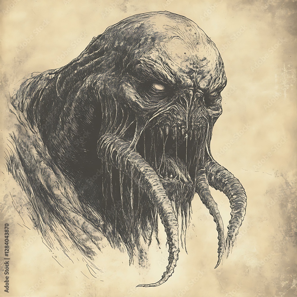 Grotesque Monster With Spiked Tentacles and Glowing Eyes on Aged Paper ...