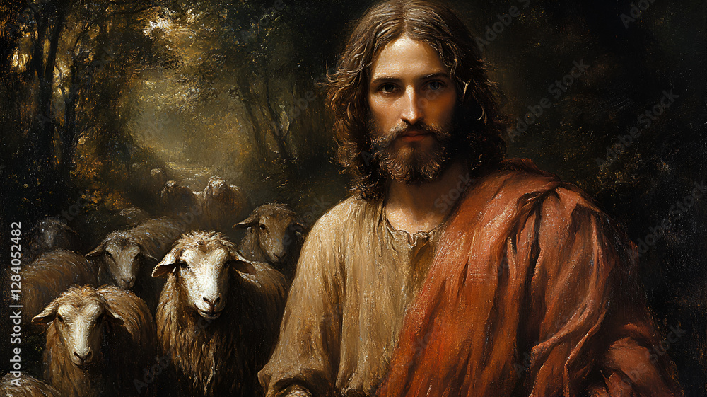 Jesus Christ depicted as shepherd leading his flock of sheep in serene ...