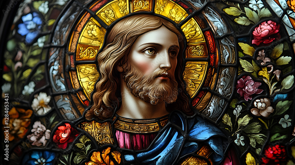 Jesus Christ stained glass window, vibrant colors, intricate design ...