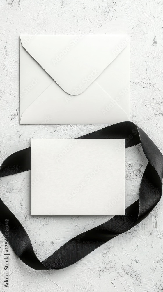 Elegant black ribbon funeral invitation, obituary announcement card ...