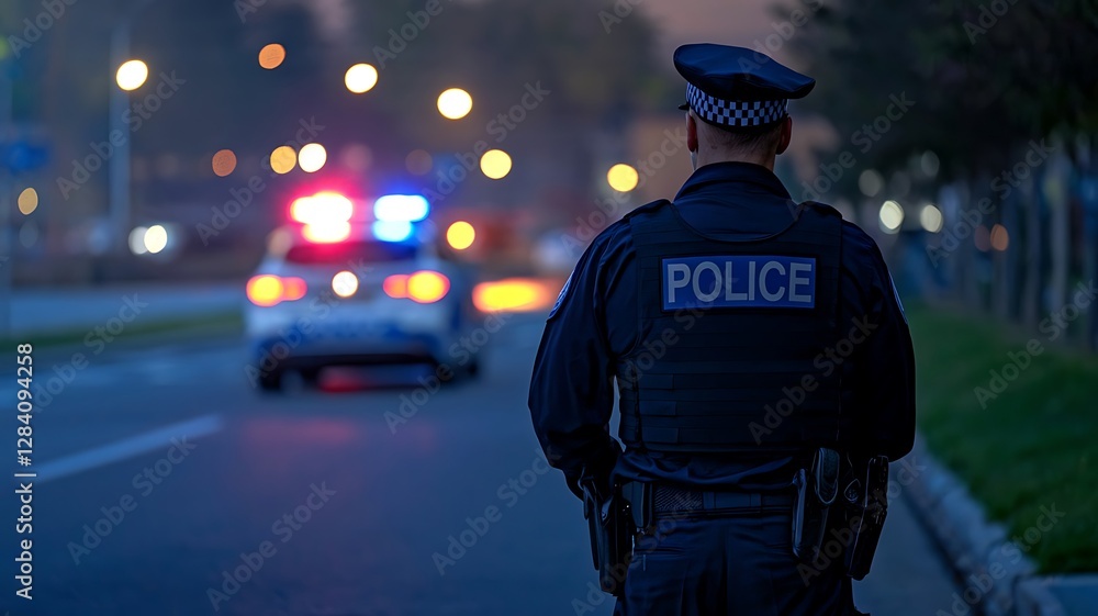 Alert police officer stands on city street at night. Emergency vehicles ...