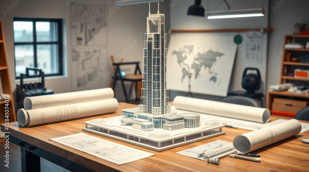Architectural Model: A detailed miniature skyscraper design surrounded ...