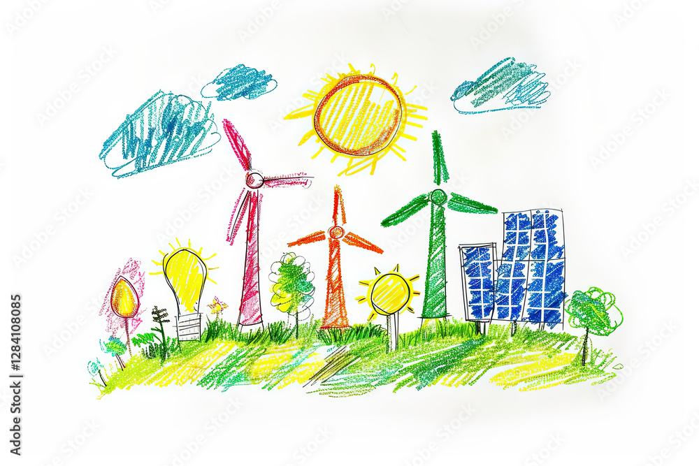 Children hand-drawn illustration of renewable energy sources, featuring ...