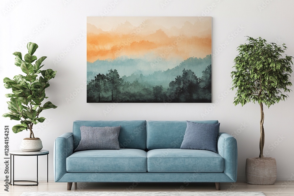 Wall art mockup, pastel wall with shelf and blue sofa, white background ...