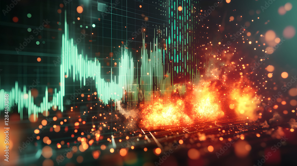 holographic stock chart with dual explosions, one side rising in green ...