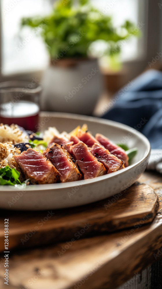 Seared tuna with a golden sesame crust is sliced to reveal its tender ...