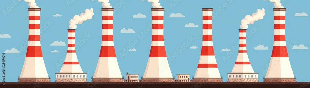 Red and white striped industrial smokestacks emitting smoke on a blue ...