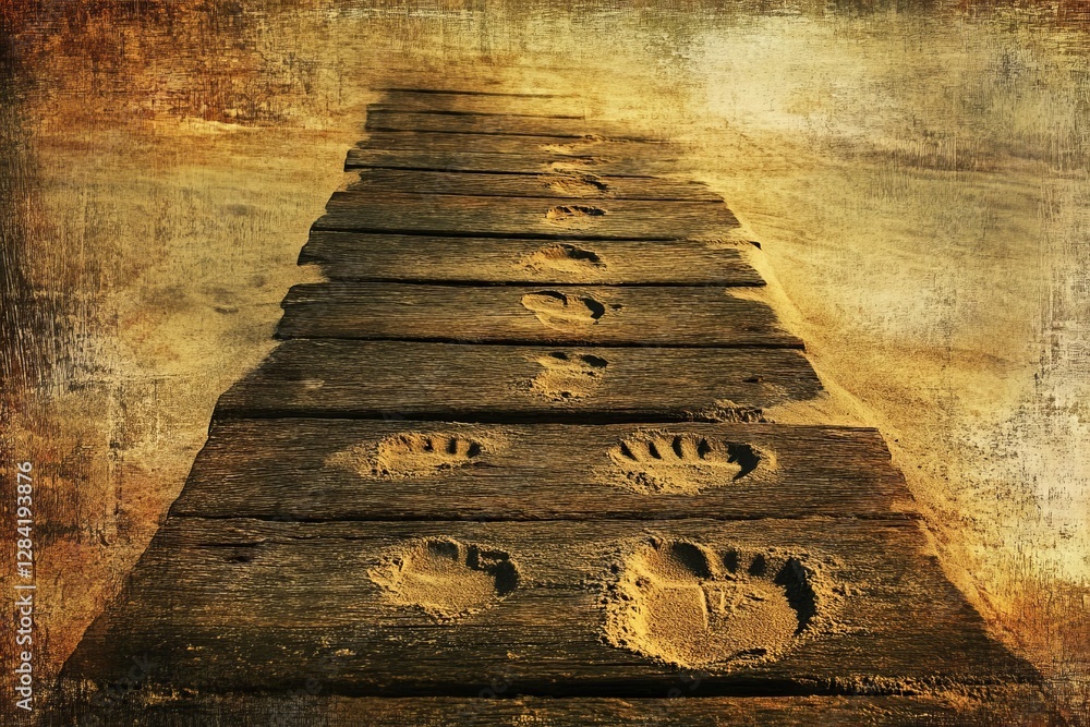 Footprints in Sand on Weathered Wooden Plank Pathway at Beach Stock ...