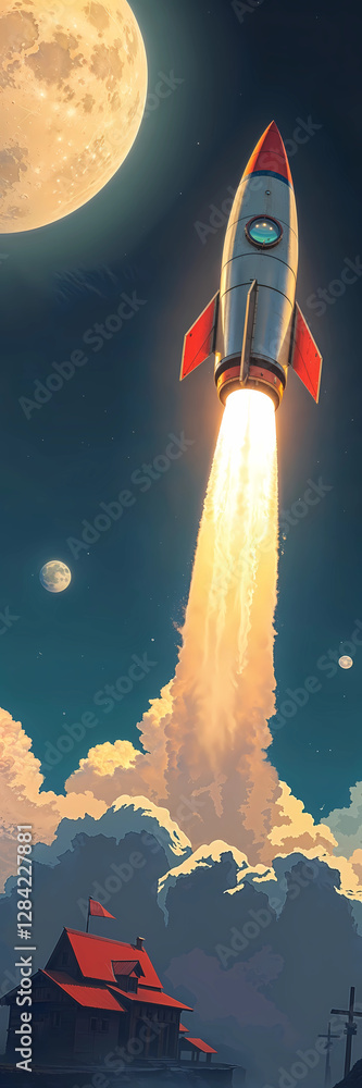 poster style illustration of 1950s style rocket ship blasting off Stock ...