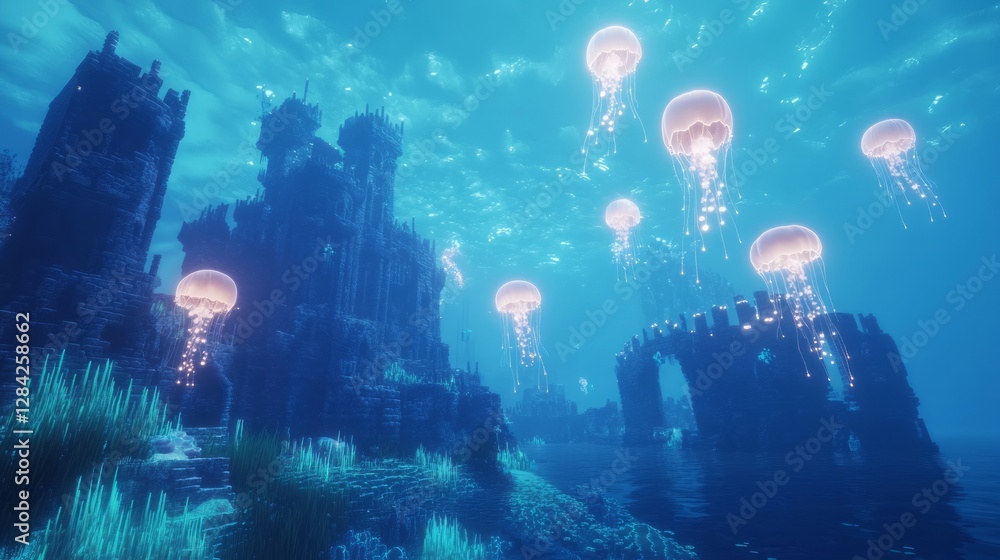 Underwater Scene with Jellyfish Floating Among Coral Reefs in Deep Blue ...