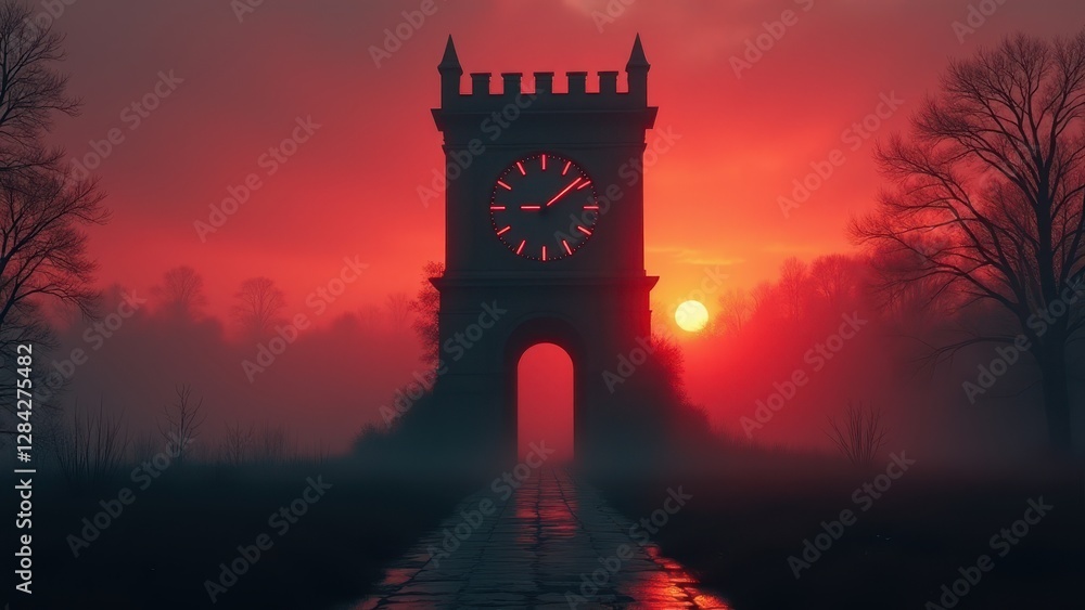 Lost hour, An abandoned clock tower frozen at 307 in dense fog under a ...