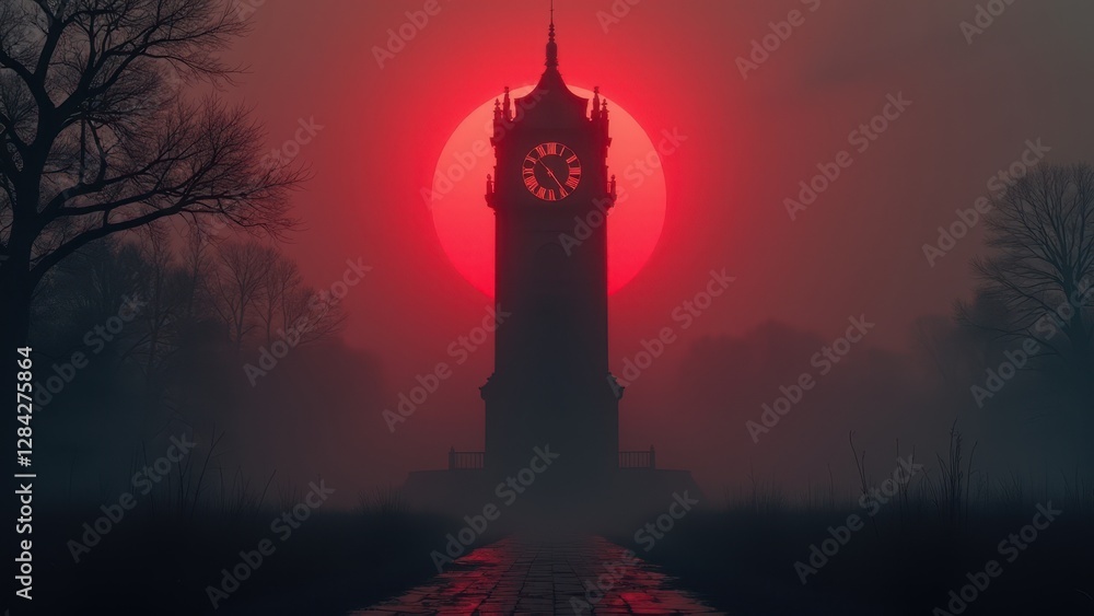 Lost hour, An abandoned clock tower frozen at 307 in dense fog under a ...