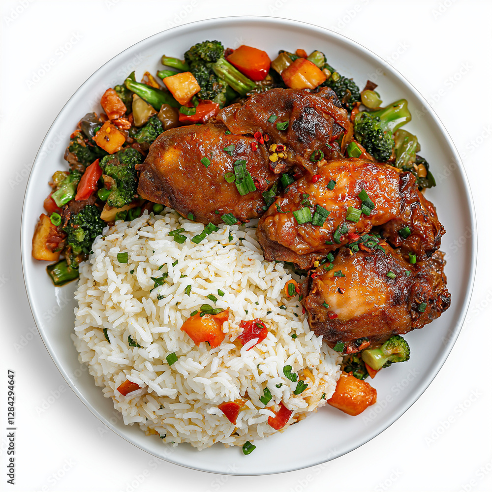hyper realistic picture of food dish menu contains jollof chicken and ...