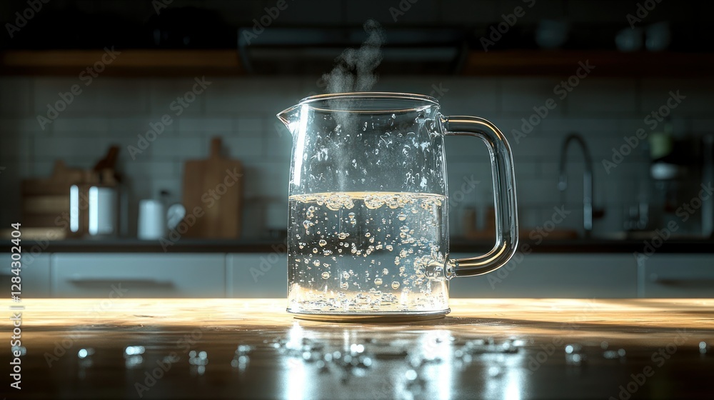 Boiling water in glass pitcher on kitchen counter, steam rising Stock ...