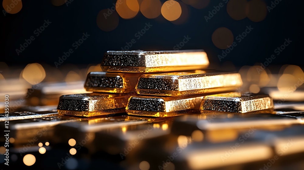 Stacked gold bars with reflective surface against dark background with bokeh lights creating ...
