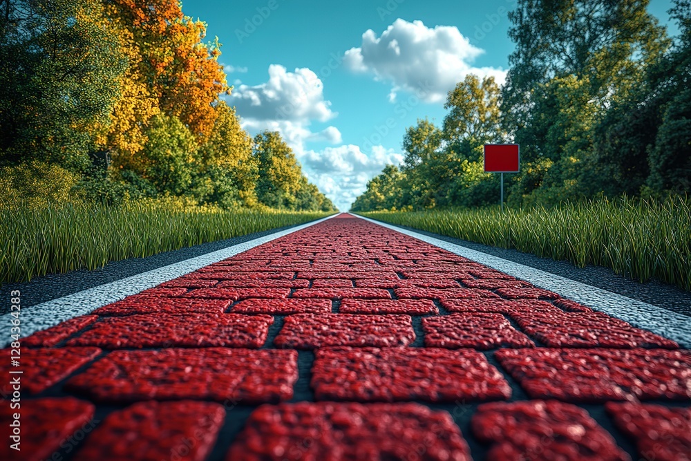 Brick Road Pathway: A scenic perspective along a vibrant red brick road ...