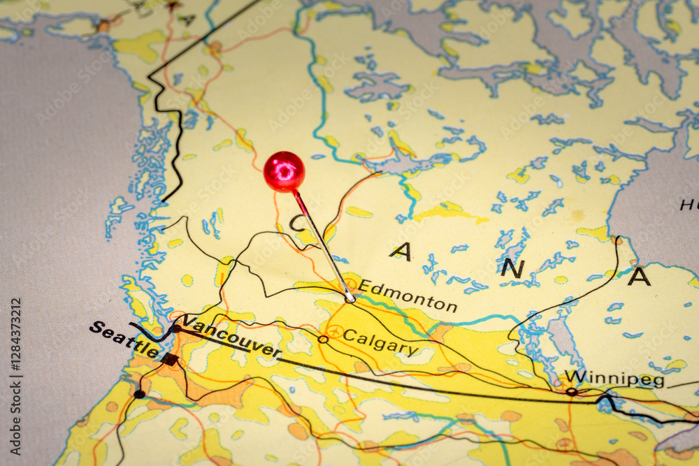 Colorful tourist location map Edmonton, Alberta, Canada showing rail ...