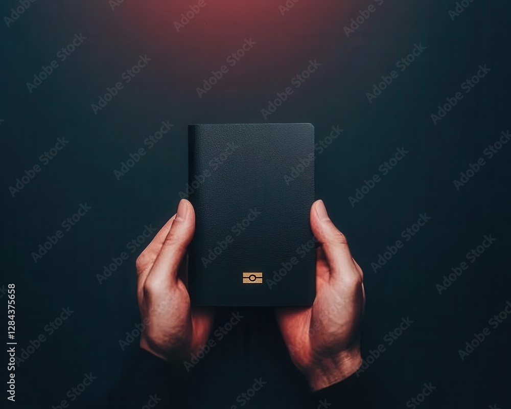 Holographic passport being manipulated by unseen hands, illustrating ...
