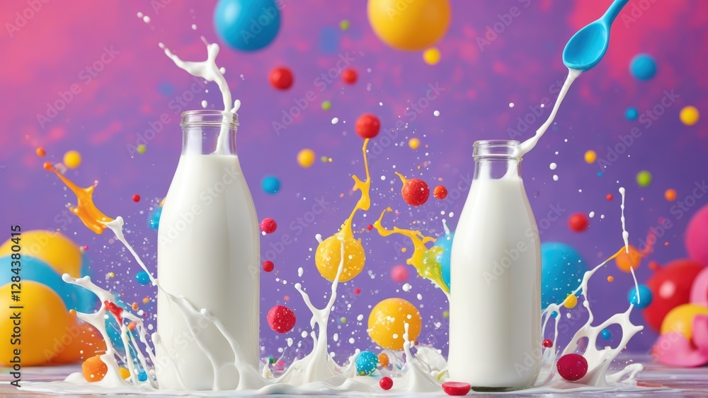 Playful and Vibrant Milk Bottle Packaging Mockup with Colorful Splashes ...
