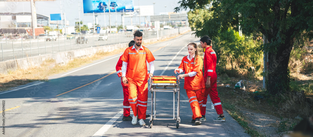Medical team performing first aid and treatment on accident victim ...