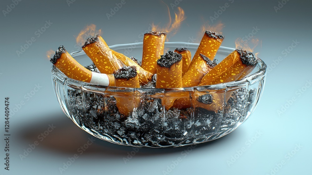 Burning cigarettes in a glass bowl; ashtray; fire hazard; health risks ...