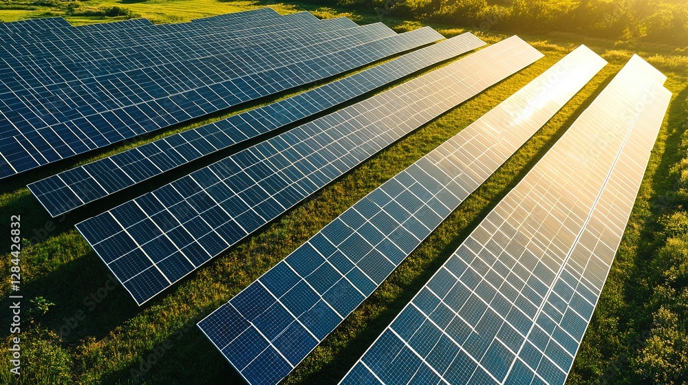 Solar farm with solar panels harnessing sun's energy to generate power ...