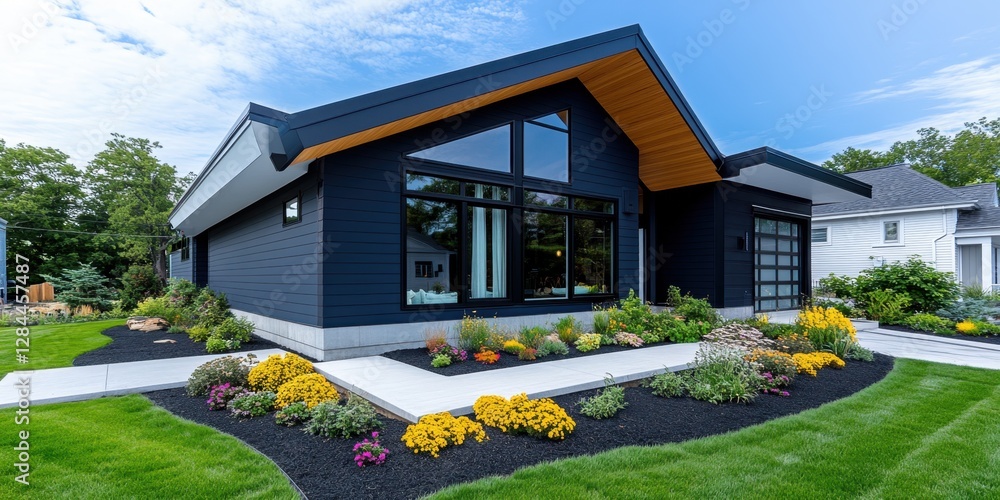 Dark navy blue vinyl siding with large windows dressed in light, breezy ...
