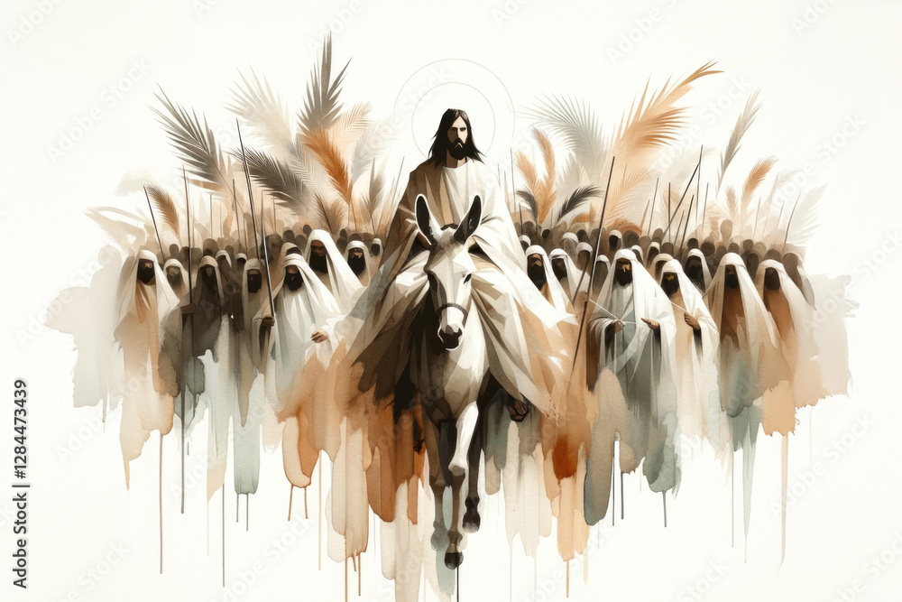 Palm Sunday celebration with Jesus on a donkey and worshippers. Stock ...