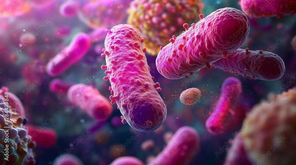 Pink bacterium under microscope, virus, disease under microscope ...