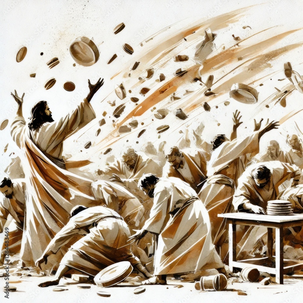 Jesus casting out the money changers in the Temple. The cleansing of ...