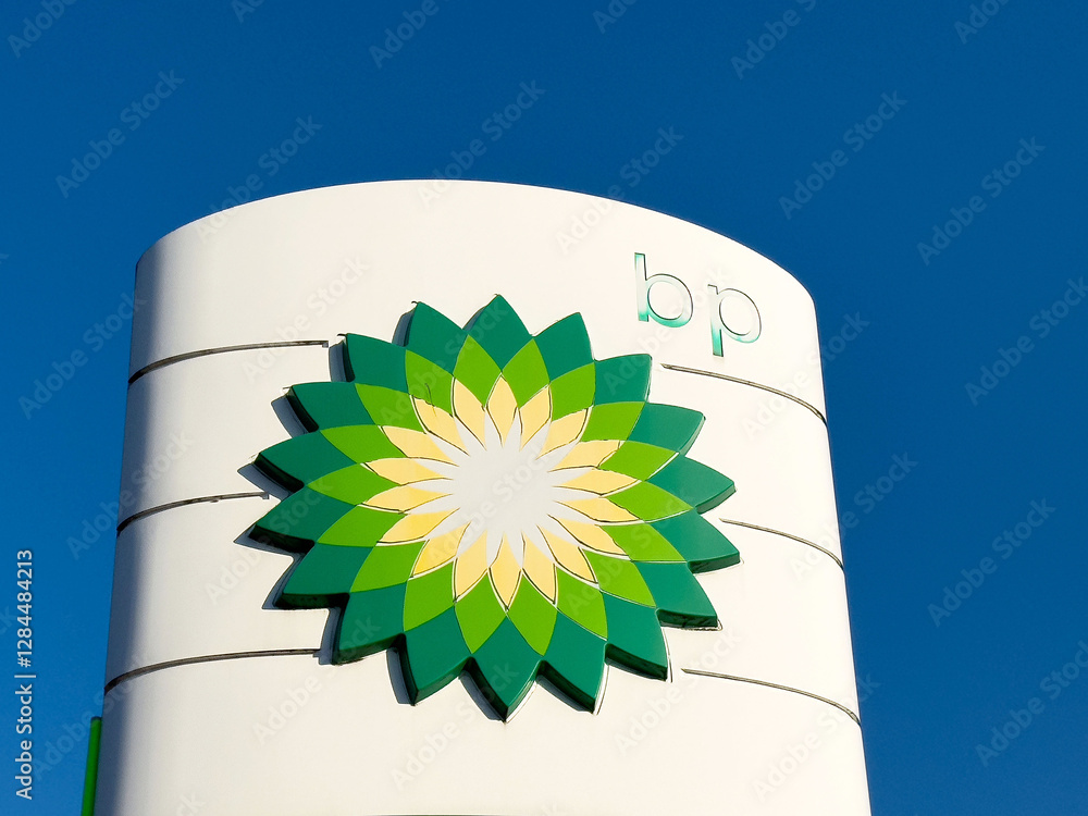 Foto de Stock BP logo displayed prominently on a gas station sign ...