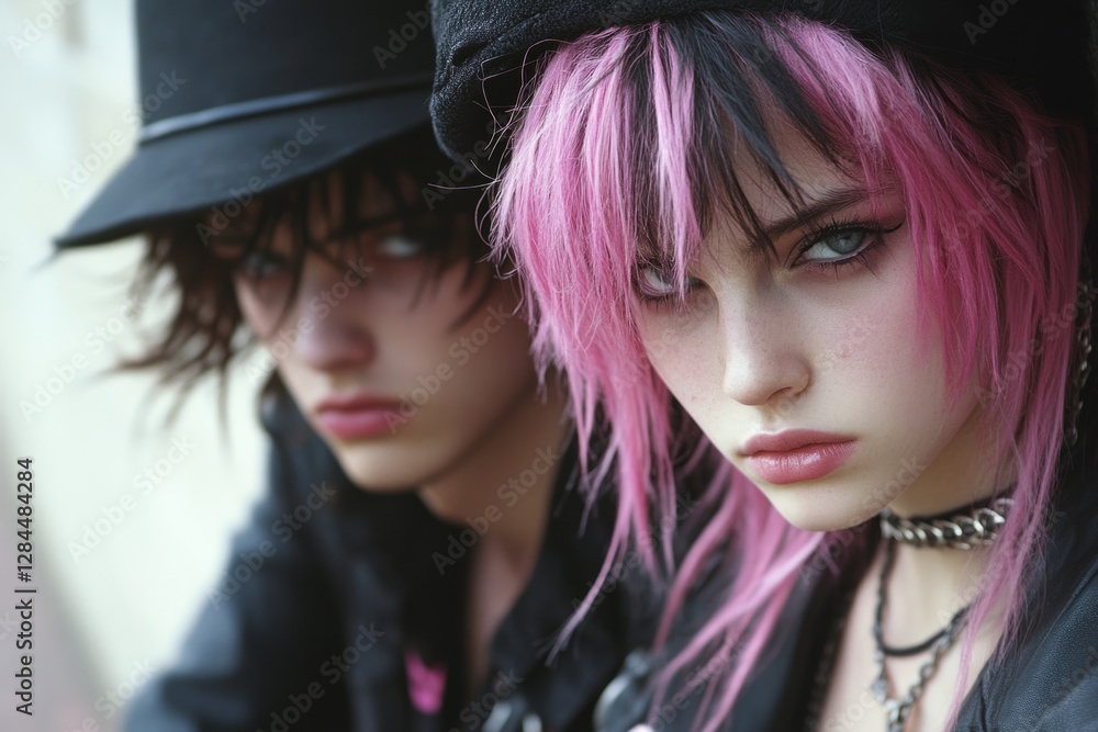 Young emo couple wearing black clothes and dyed hair posing with a ...