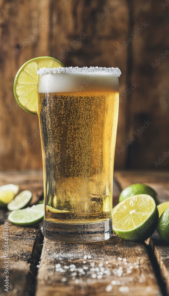 Chilled modelo beer in a salt rimmed glass with lime on rustic table ...