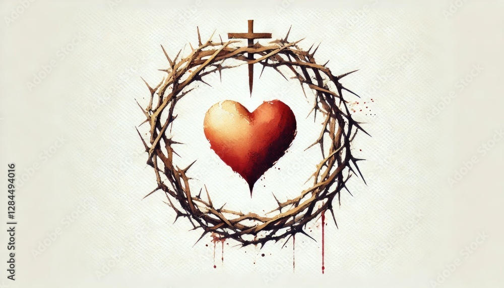 Crown of thorns encircling a bleeding heart with cross in the ...