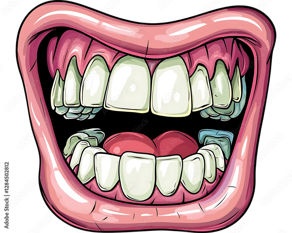 Illustrated mouth wide open with teeth, gums showing, dark backdrop ...