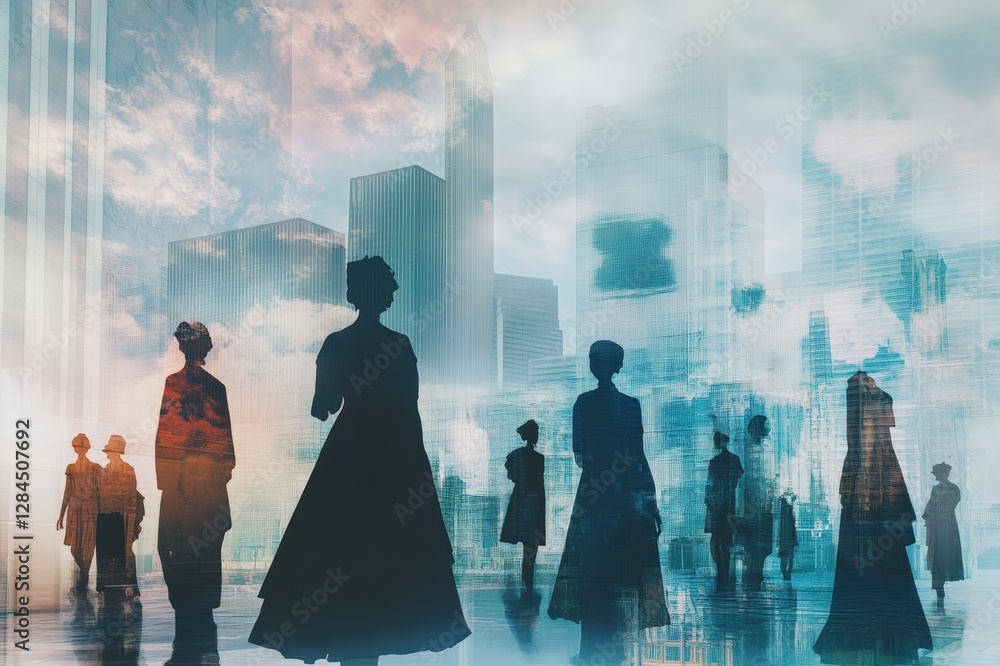 Transparent Figures of Women from Different Historical Eras in Double ...