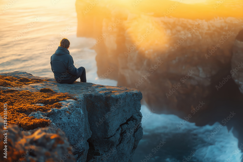Lone traveler gazes over ocean from rugged cliff, immersed in nature’s ...