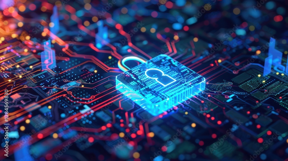 Cybersecurity concept with a key symbol and encrypted digital ...