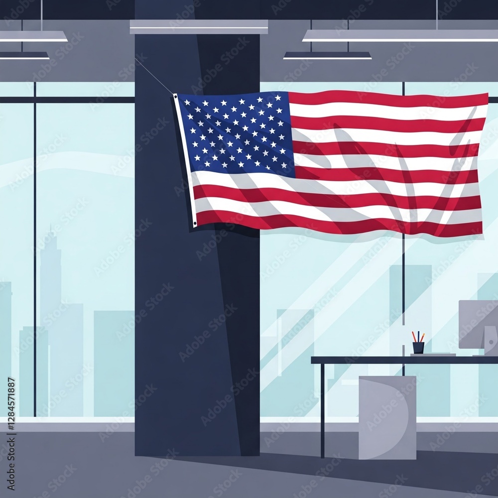 Flat vector of an American flag draped over a corporate office ...