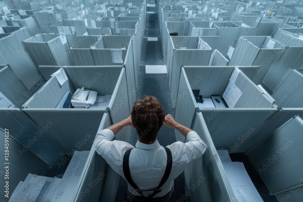 Individual navigating a maze of office cubicles filled with paperwork ...