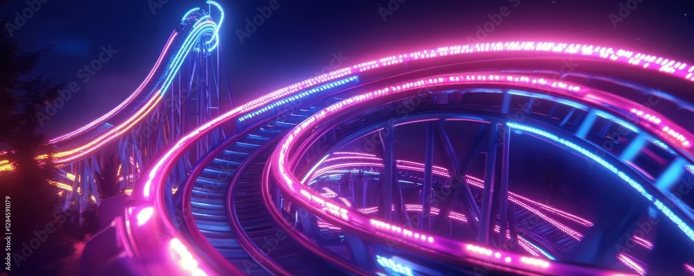 Neon-lit roller coaster at night with colorful loops and twists Stock ...