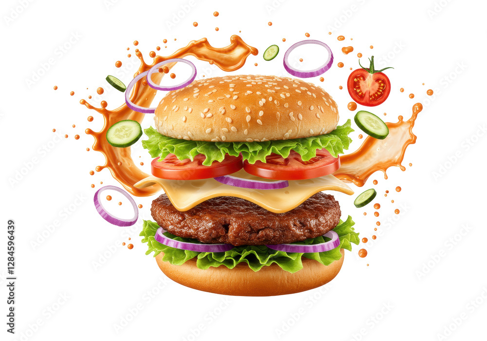Isolated Exploded Hamburger with Splash in Air Stock Illustration ...