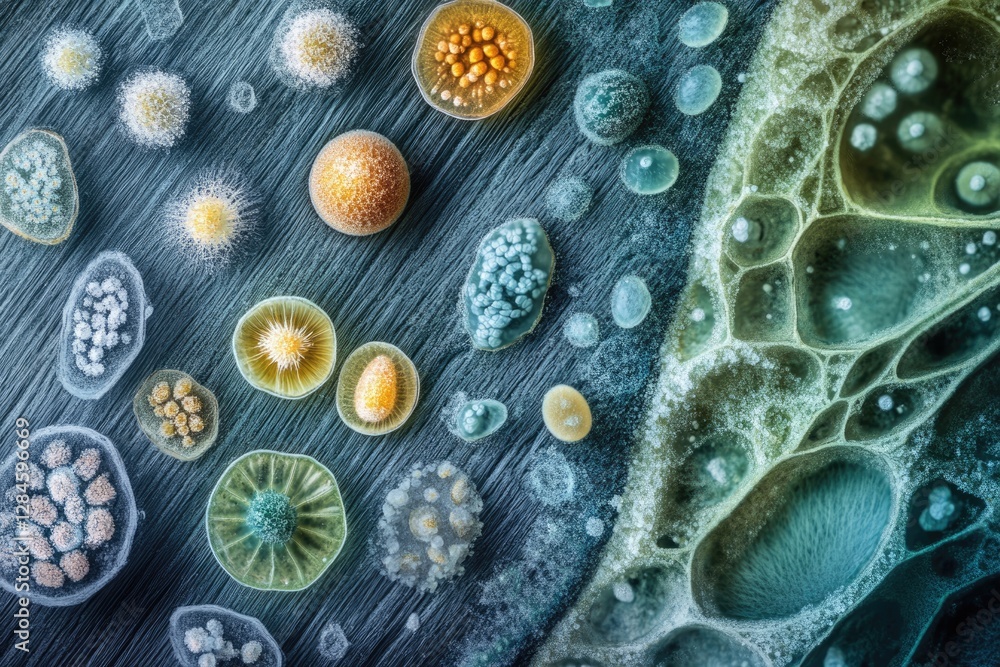 Microscopic view of diverse fungal colonies and spores, exhibiting ...