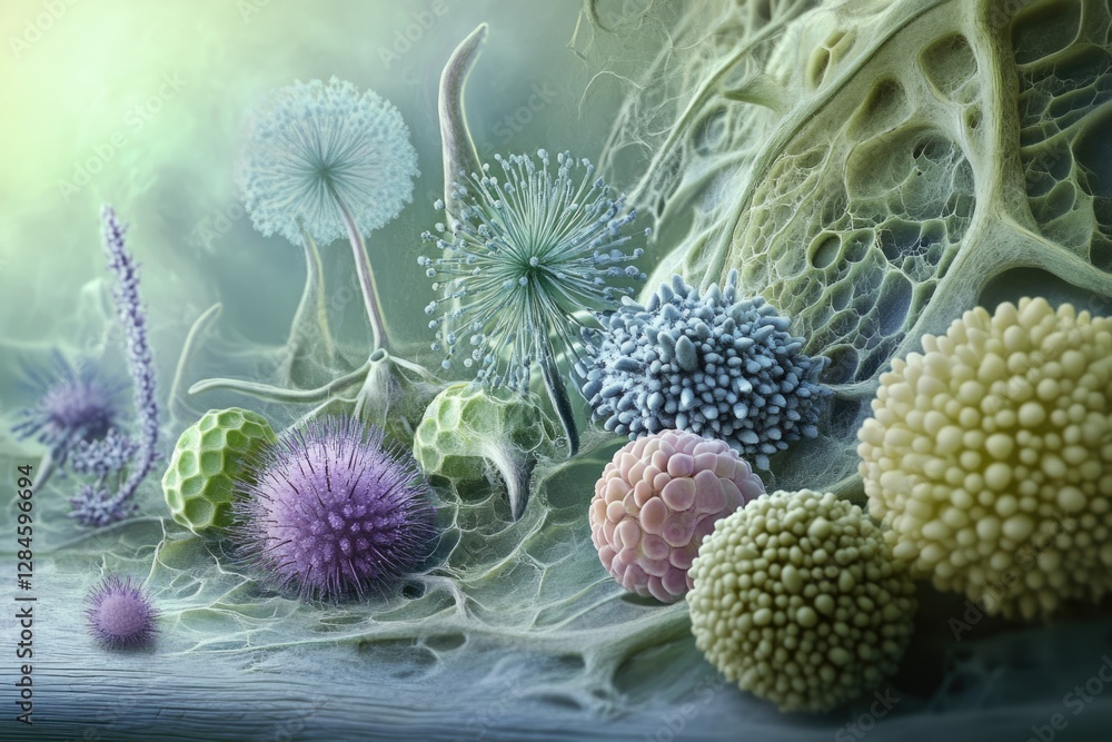 Microscopic view of diverse fungal spores and structures, showcasing ...