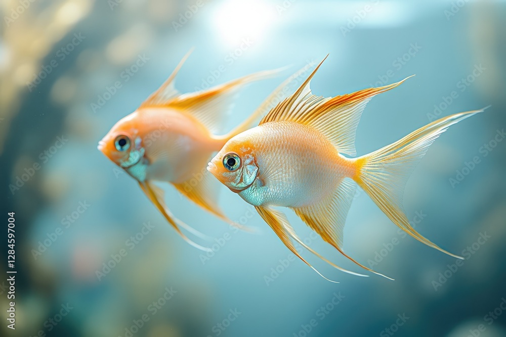 Two golden angelfish gracefully swim in an aquarium, their fins flowing ...