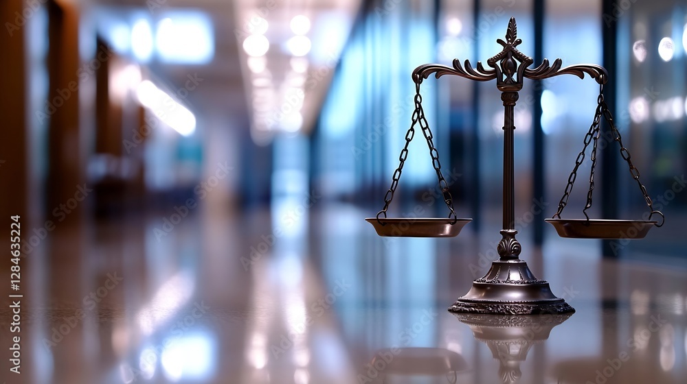 Elegant balance scales on glossy floor surface inside a modern law ...